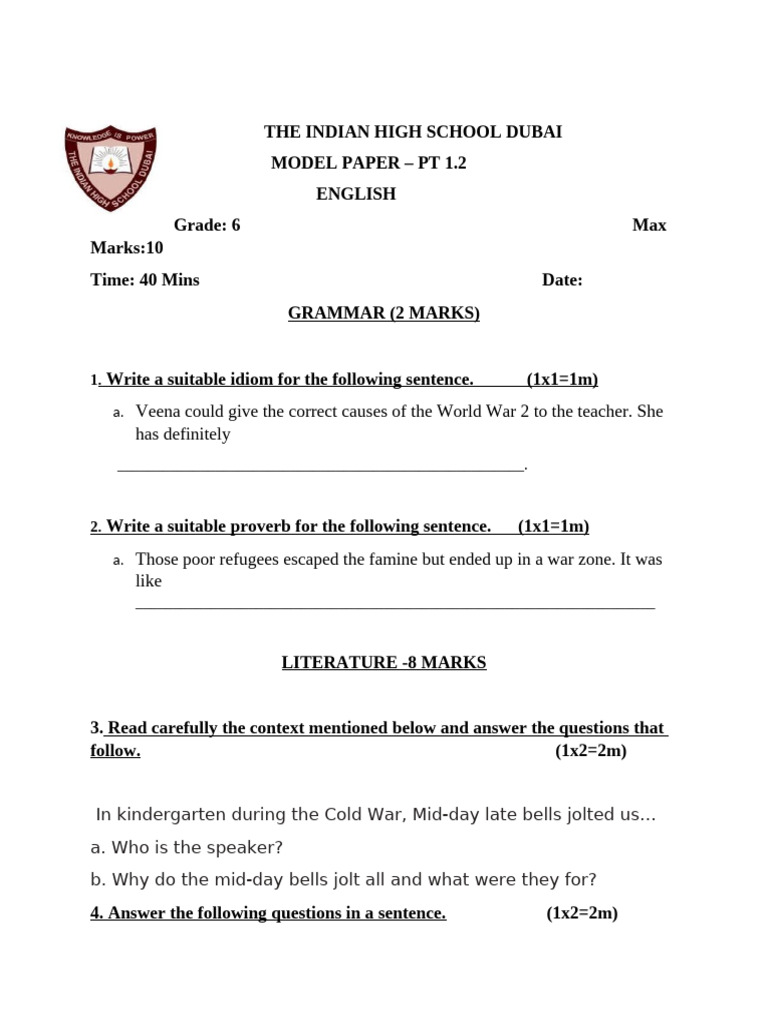 Grade 6 English Model Paper - PT 1.2 | PDF