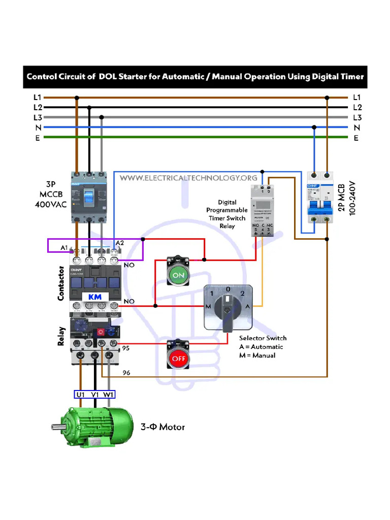Wiring and Control Circuit of DOL Starter For Automatic and Manual Operation of 3 Phase Motor ...