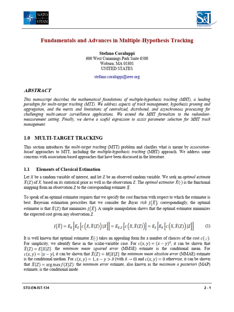 Fundamentals and Advances in Multiple-Hypothesis Tracking_NATO report | PDF | Estimator | Statistics