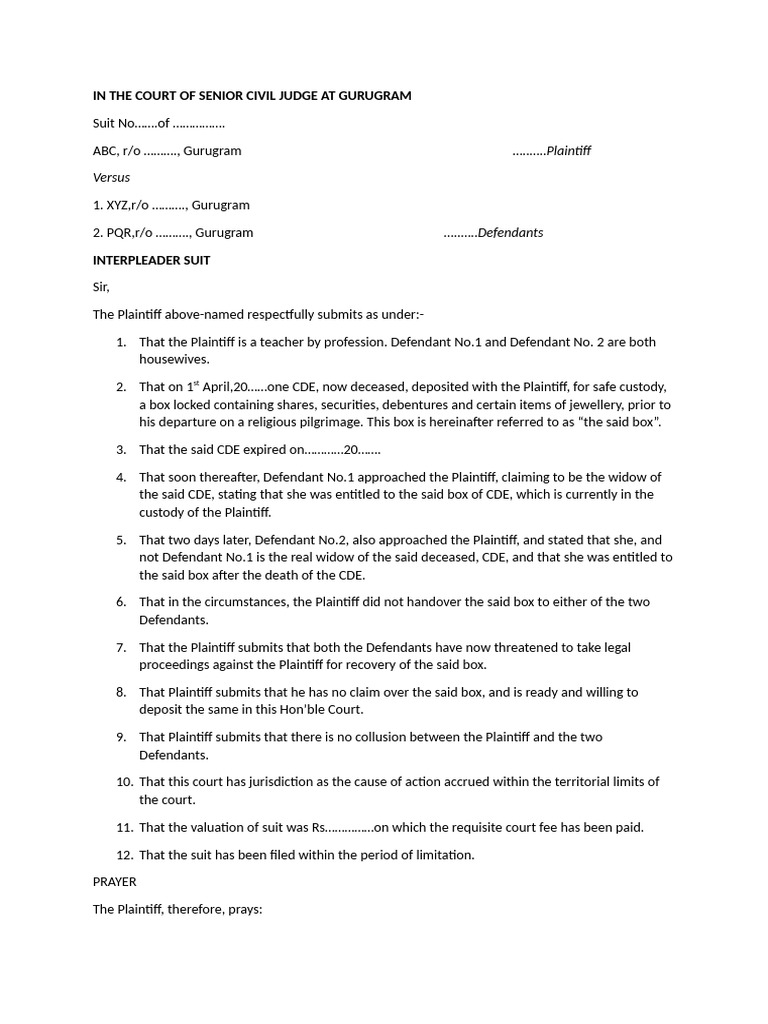 Interpleader Suit Format | PDF | Lawsuit | Public Law