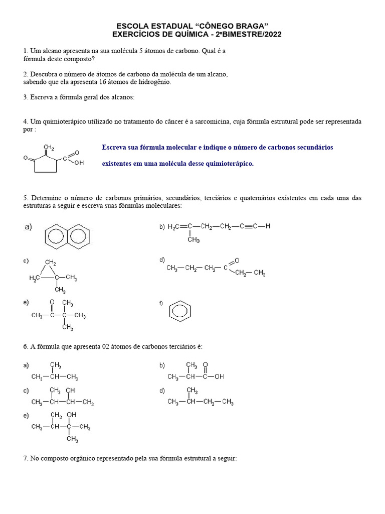 Exercícios de Química Orgânica 3º ANO | PDF | Alcano | Moléculas