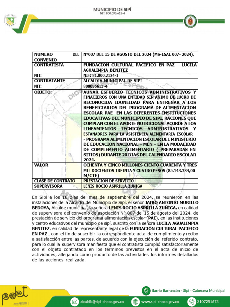 Acta de Terminacion Convenio 007 Pae2 | PDF | Póliza de seguros