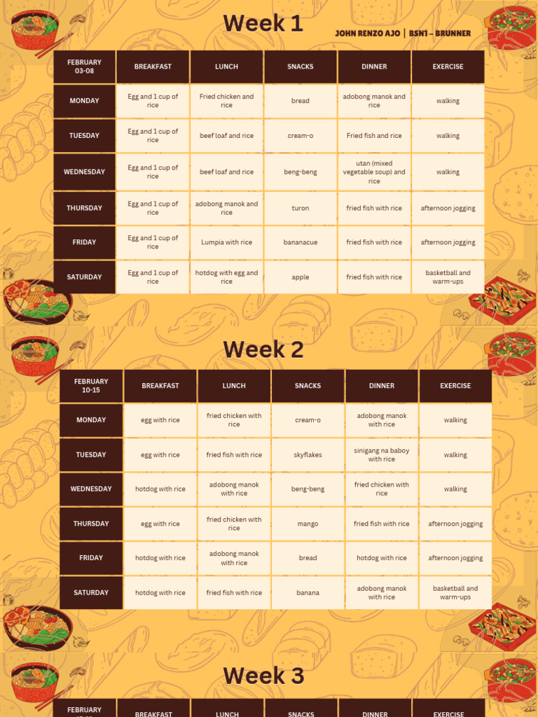 Weekly Meal and Exercise Plan | PDF | Lunch | Food And Drink Preparation