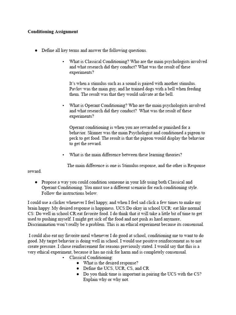 Copy of Conditioning Assignment | PDF | Classical Conditioning | Cognition