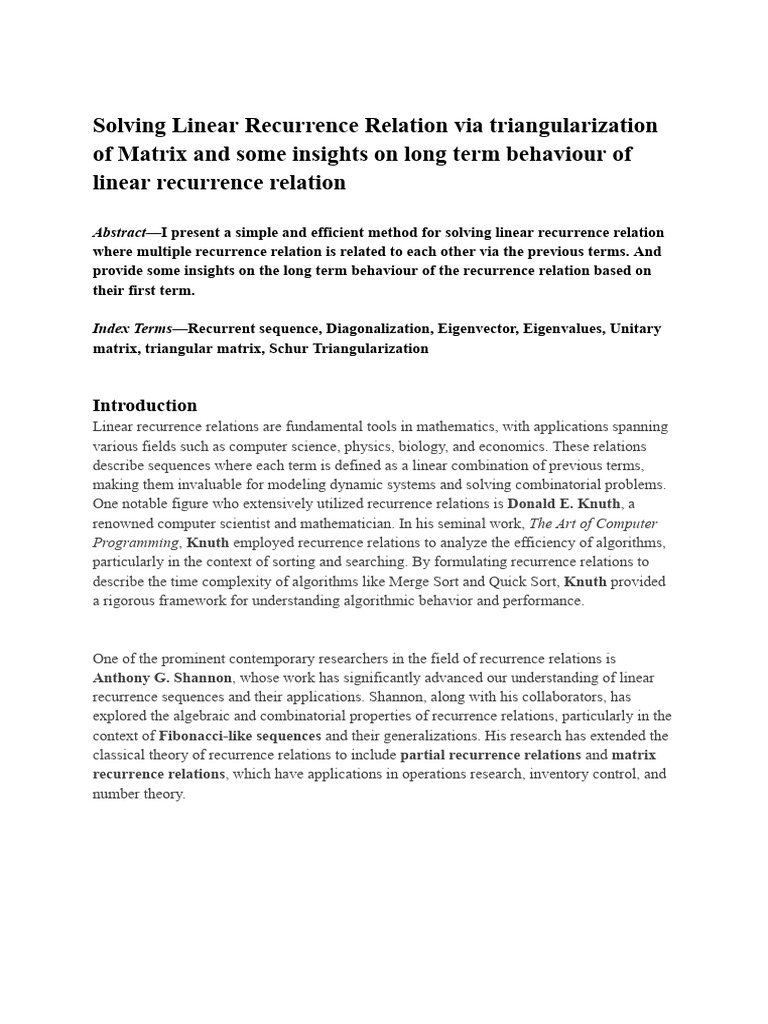 Matrix And Linear Recurrence Relation Pdf Matrix Mathematics Recurrence Relation