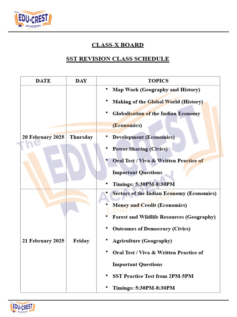 SST - Revision Class Schedule - 250219 - 193010 | PDF | Liberal Arts ...