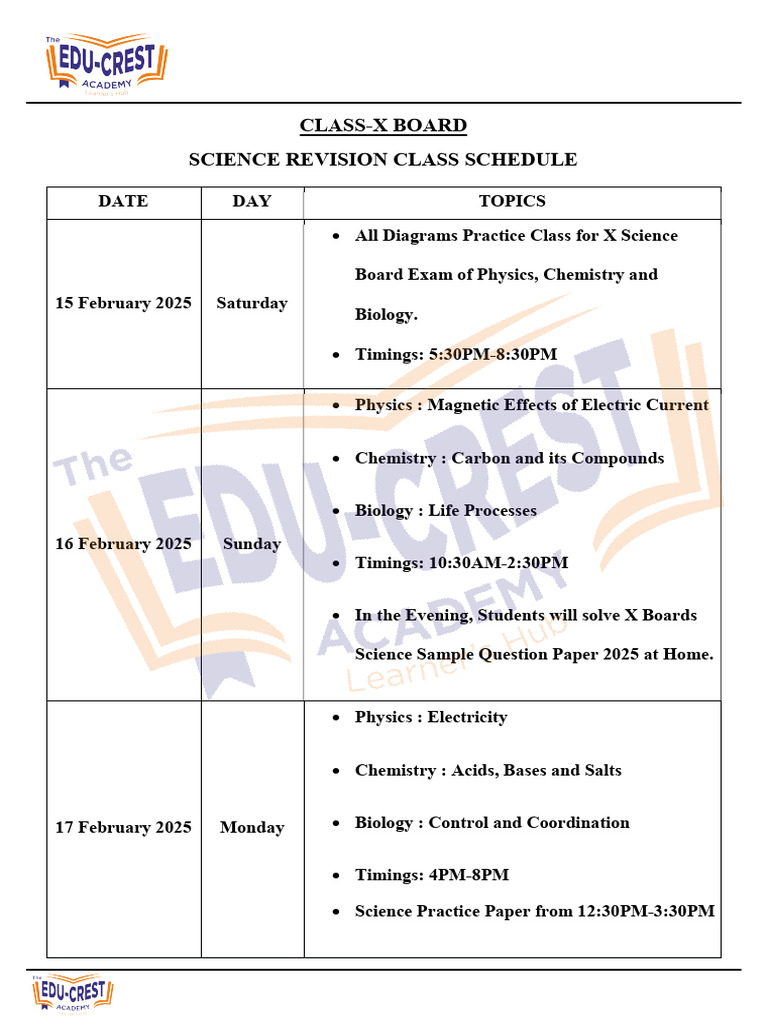 CLASS-X SCIENCE REVISION CLASS SCHEDULE | PDF