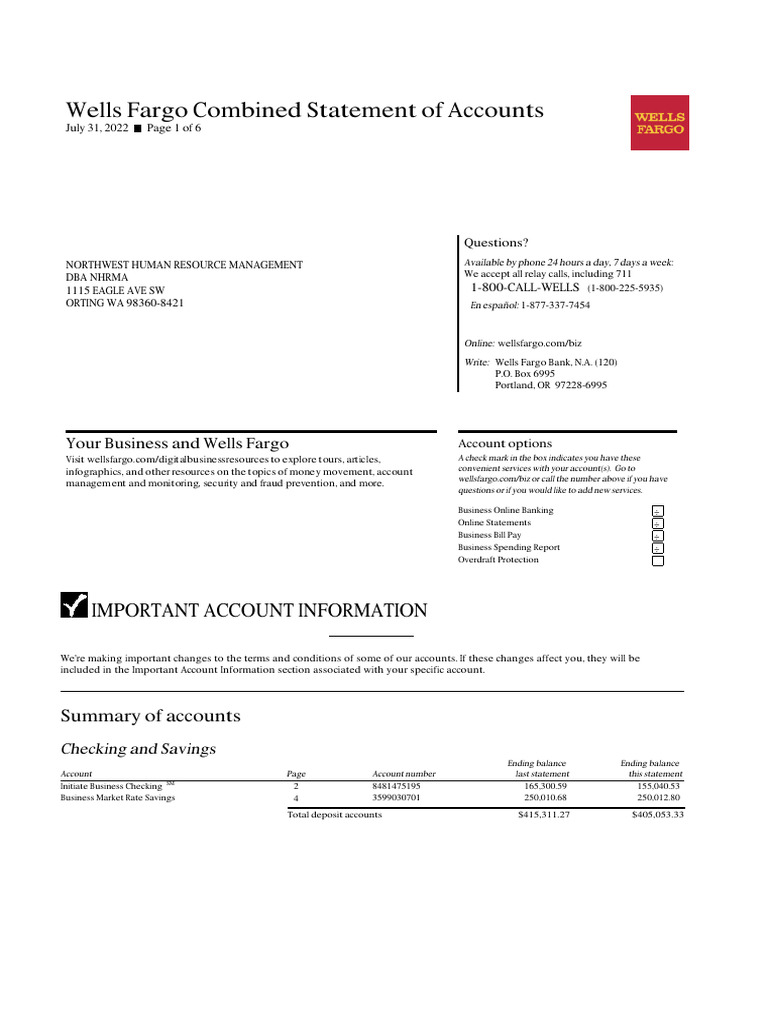 Wells Fargo Account Statement Summary | PDF | Overdraft | Transaction ...