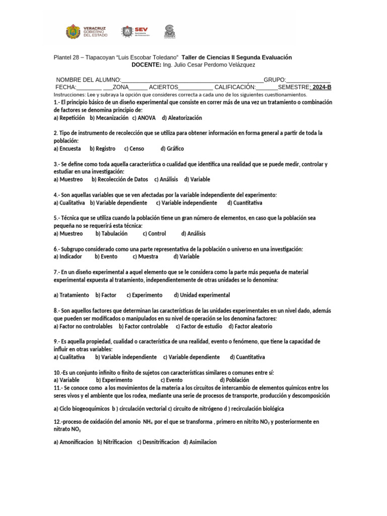 Plantel 28 Examen Taller de Ciencias II | PDF | Método científico