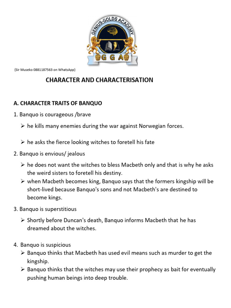 Macbeth Book Character and Characteristics - Genius Golds Academy ...
