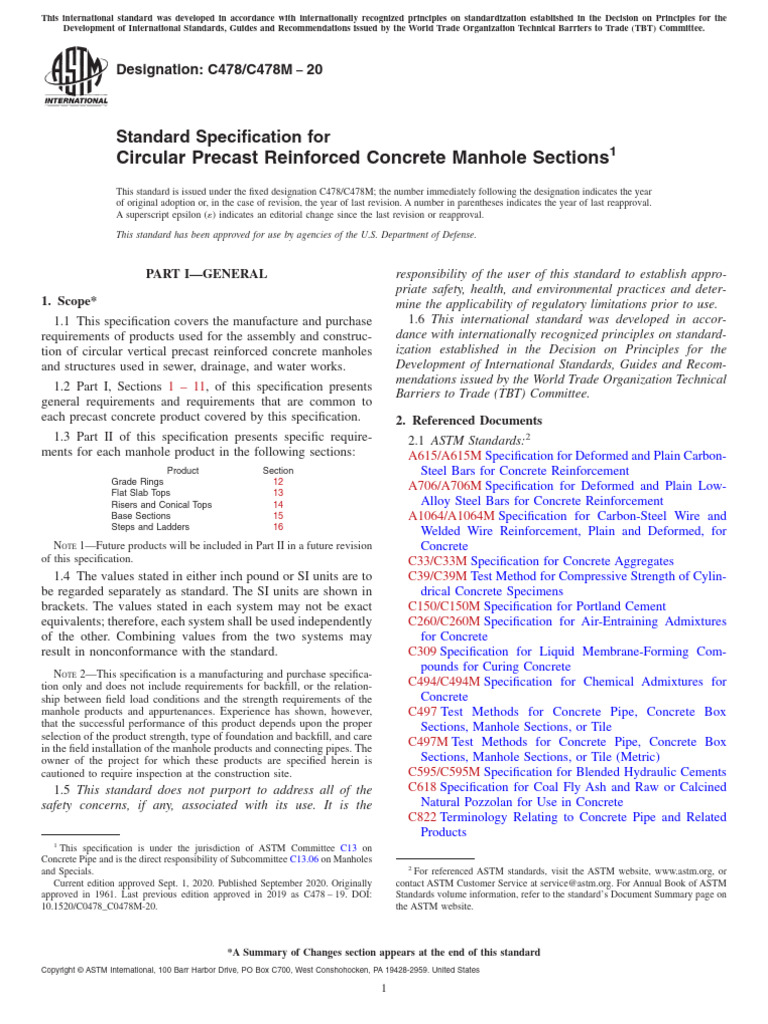 ASTM C478 - Circular Precast Manhole Sections | PDF | Concrete | Cement