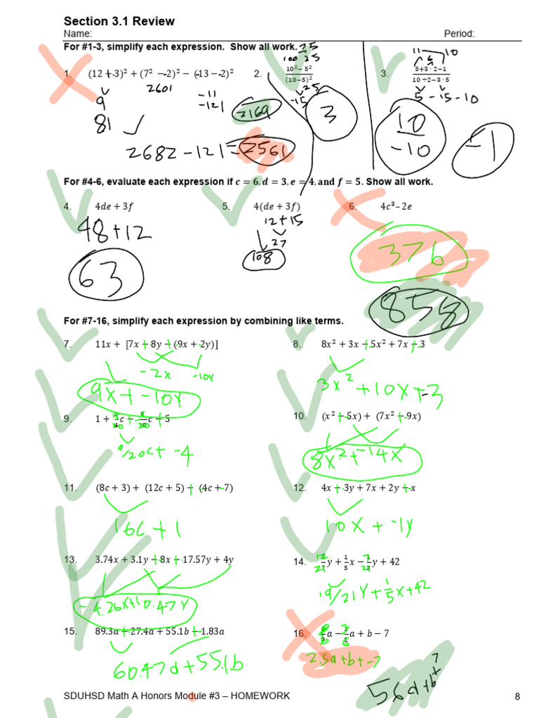 SDUHSD Math A Honors Homework Module 3 | PDF | Mathematics | Algebra