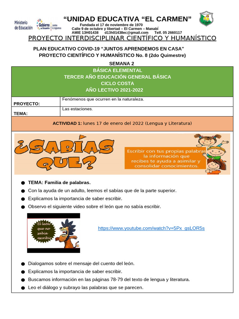 Proy - Cient.hum.8 Semana 1 Formato | PDF