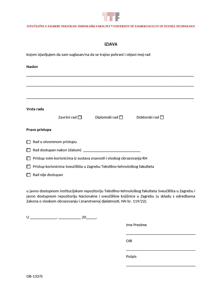 Ob 133 0 Izjava o Pohrani Rada U Repozitorij Word | PDF