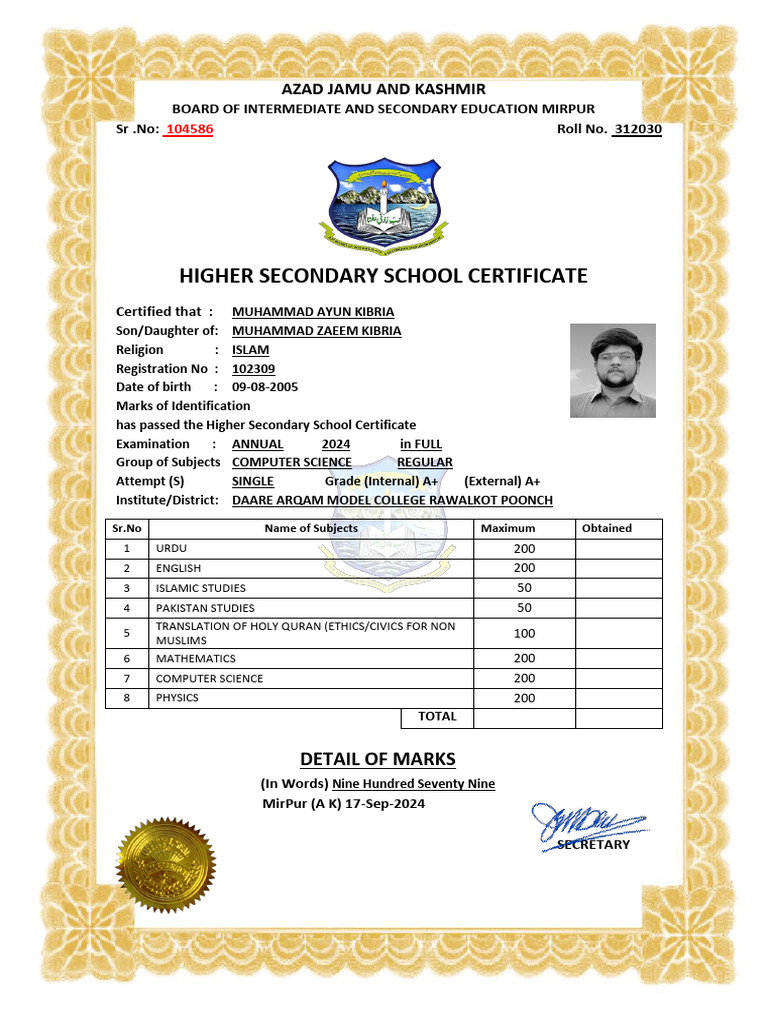 HSSC Certificate: Muhammad Ayun Kibria | PDF | Abrahamic Religions