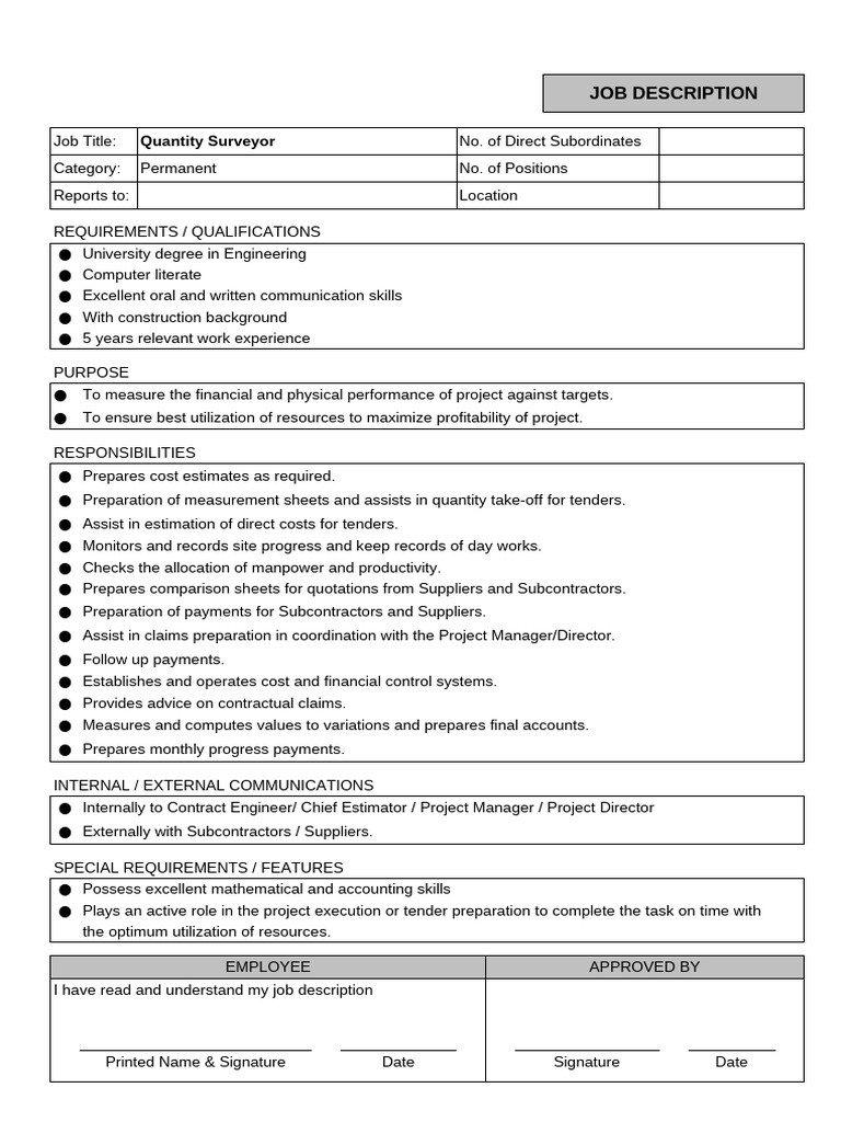 Quantity Surveyor Job Description | PDF