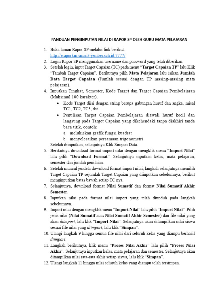 Panduan Input Nilai Dalam Erapor SP Oleh Guru Mata Pelajaran | PDF