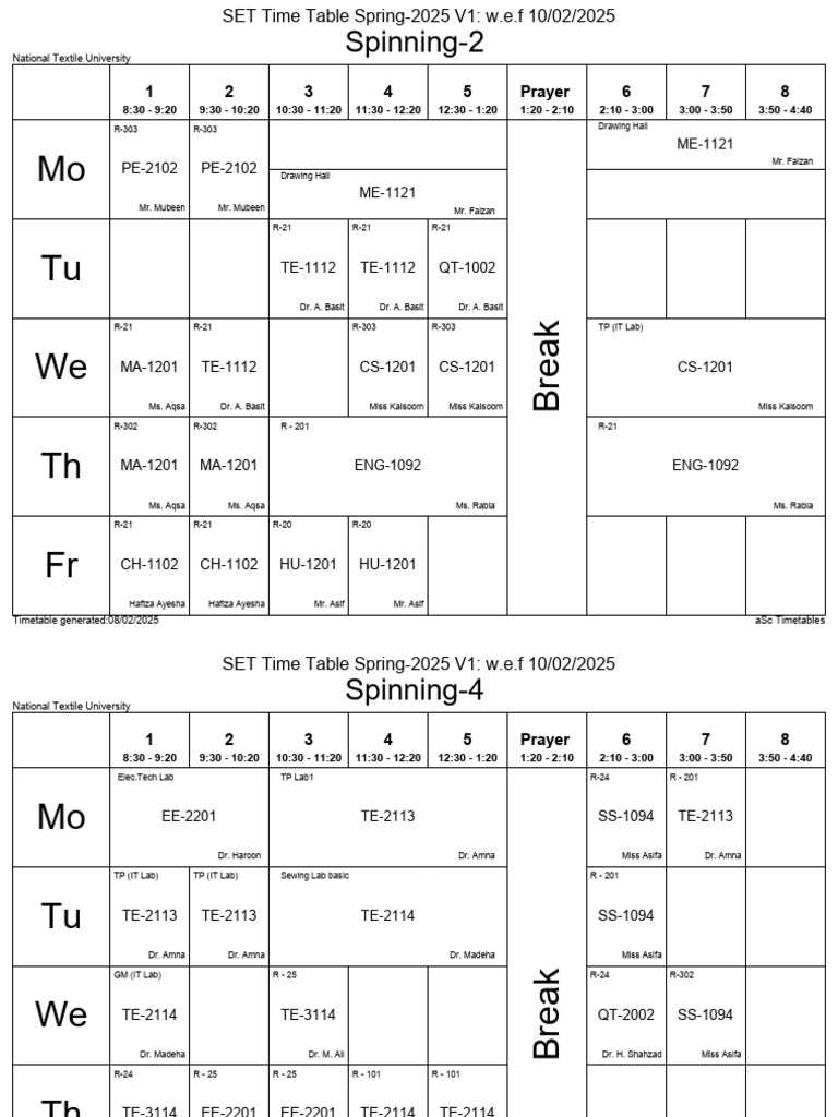 SET Time Table (Classes Wise) Spring-25 W.E.F 10th Feb, 2025 | PDF