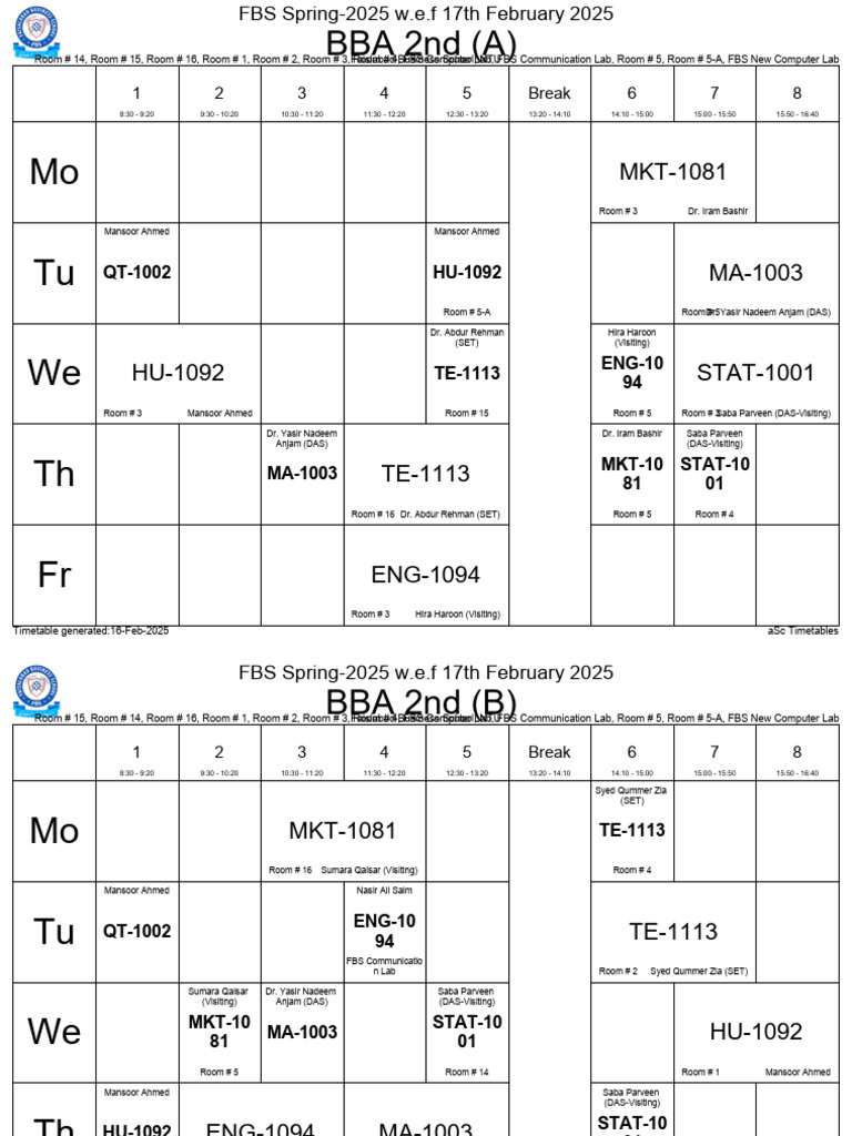 FBS Time Table (Classes Wise) Spring-25 W.E.F 17th Feb, 2025 | PDF