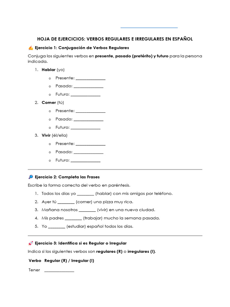 Hoja de Ejercicios Verbos Regulares - Español | PDF