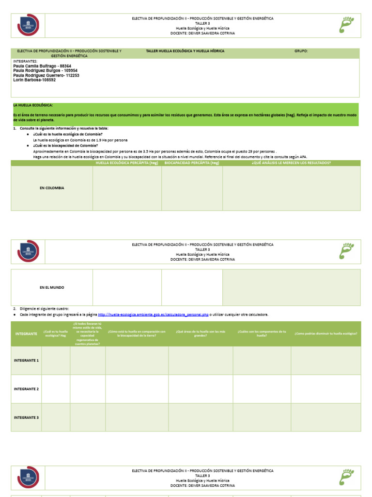 Taller 3 Huella Ecológica - Huella Hídrica | PDF | Agua | Economía y ...