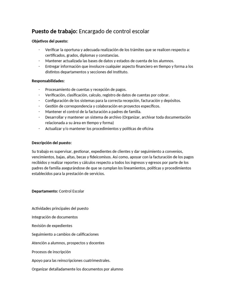Puesto de trabajo- control escolar | PDF