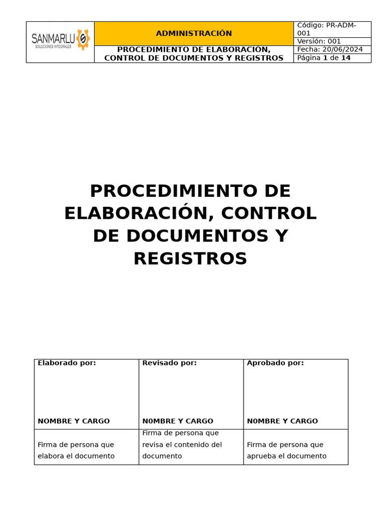 PR-ADM-001-PROCEDIMIENTO DE ELABORACION Y CONTROL DE DOCUMENTACIÓN | PDF | La seguridad ...