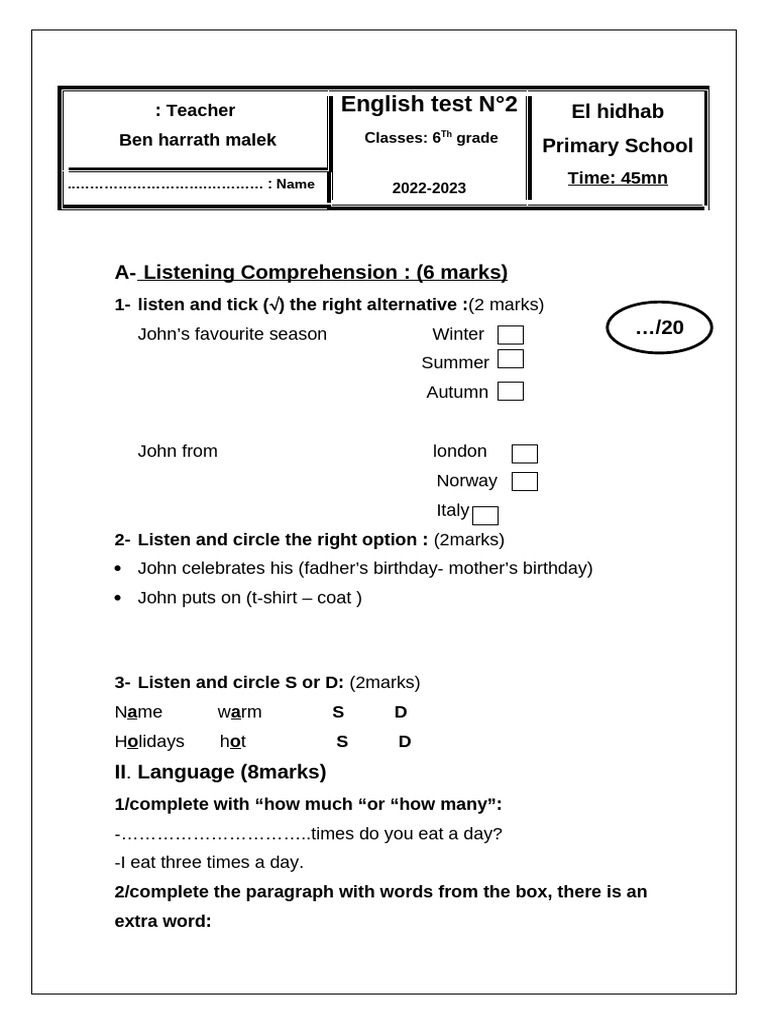 English Test 2 - 6th Grade Trimestre 2 TT | PDF | Linguistics