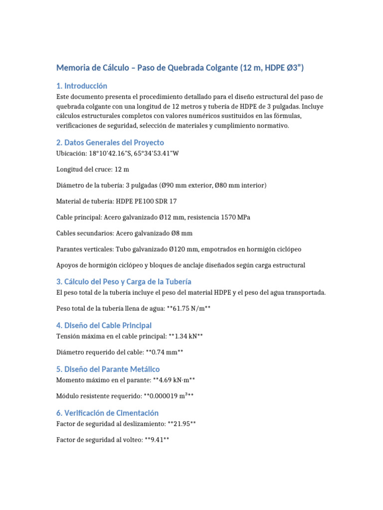 Memoria Calculo Valores Sustituidos Paso Quebrada 12m 3pulg | PDF