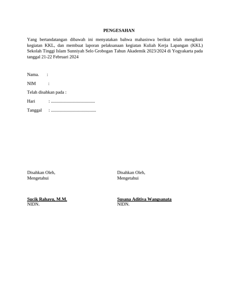 Format Pengesahan KKL | PDF