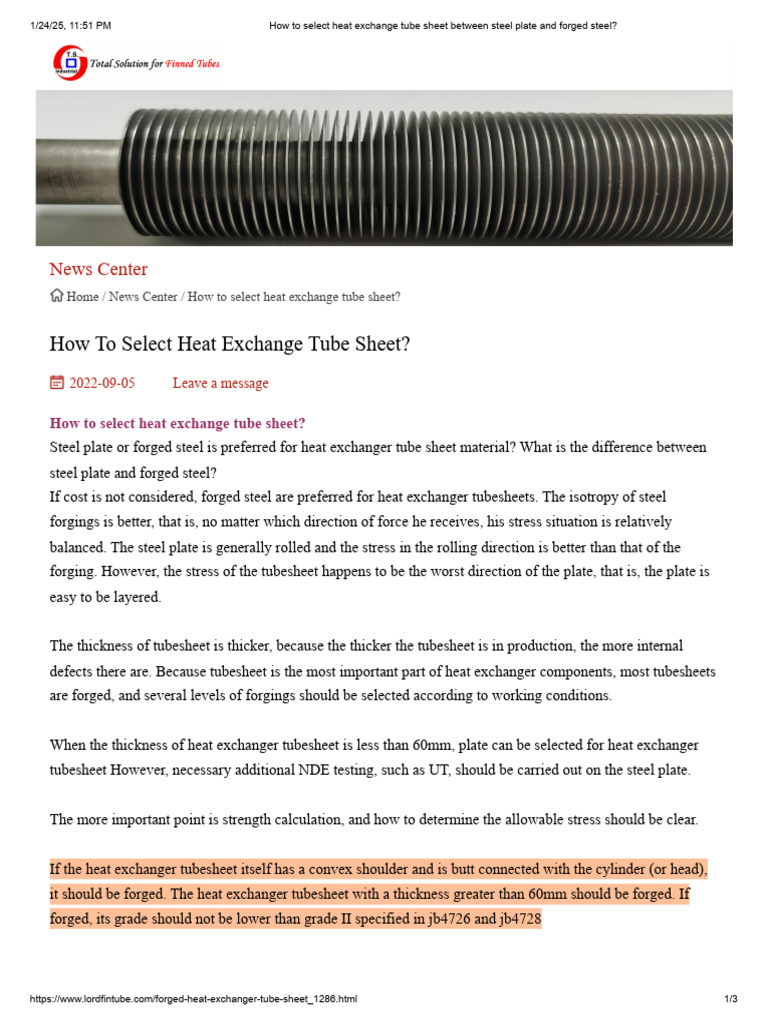 Selecting Heat Exchanger Tube Sheets | PDF | Heat Exchanger | Forging