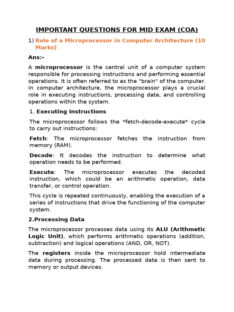 Important Questions For Mid Exam (Coa) | PDF | Microcontroller | Central Processing Unit
