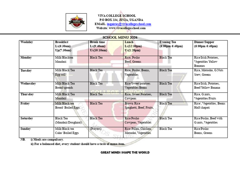 Viva College School Menu 2024 | PDF | Lunch | Foods