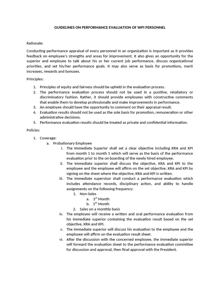 GUIDELINES ON PERFORMANCE EVALUATION OF WPI PERSONNEL | PDF | Performance Appraisal | Business