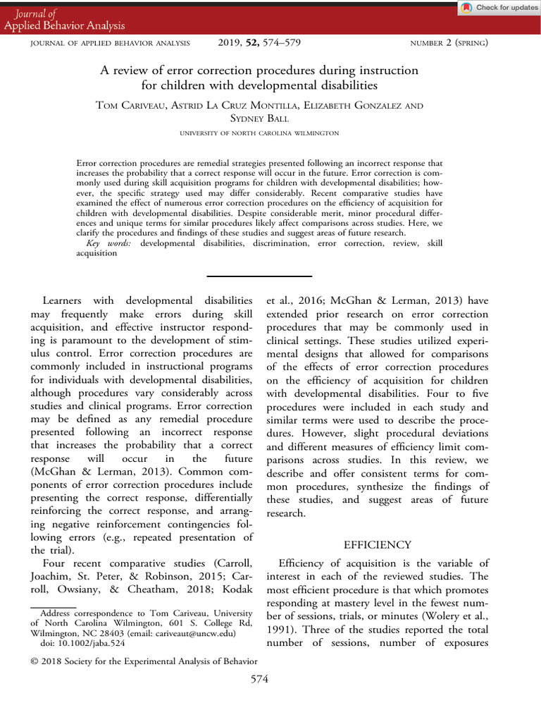J of App Behav Analysis - 2018 - Cariveau - A Review of Error Correction Procedures During ...