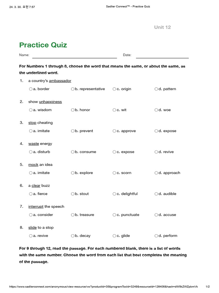 Sadlier Connect™ - Practice Quiz12 | PDF