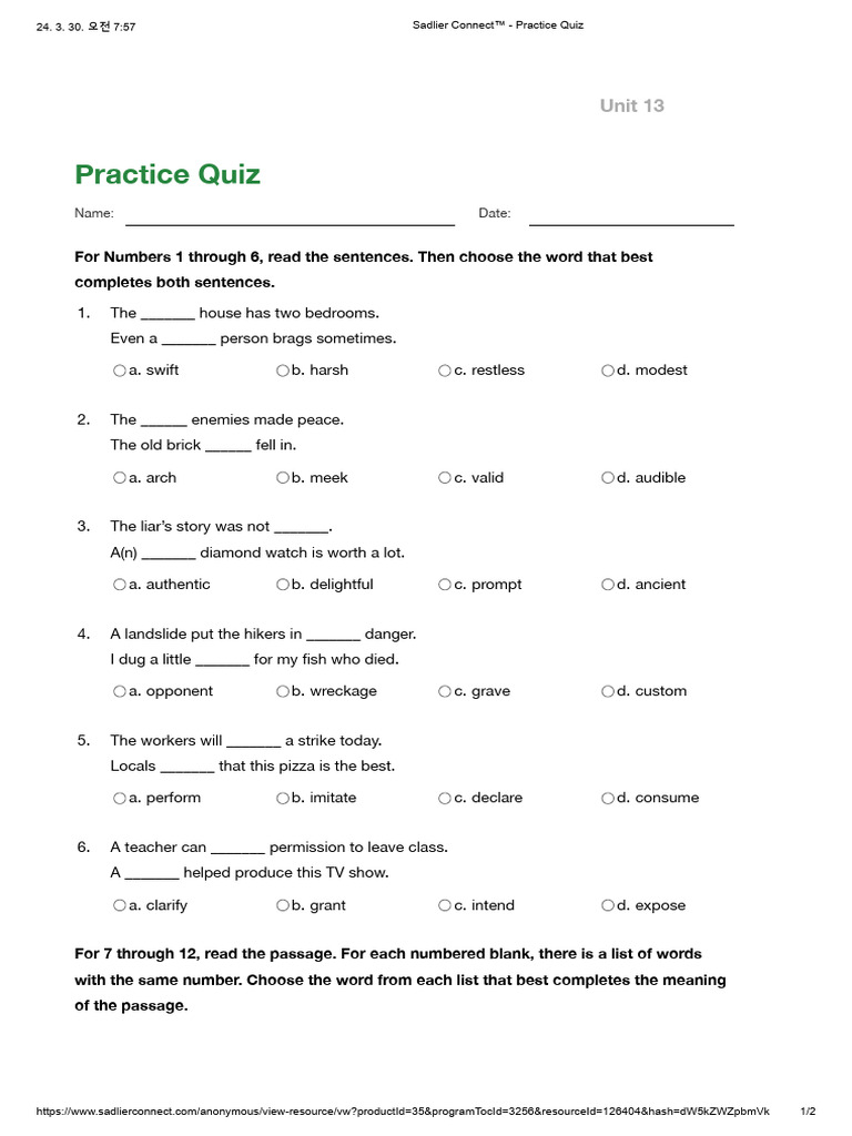 Sadlier Connect™ - Practice Quiz13 | PDF