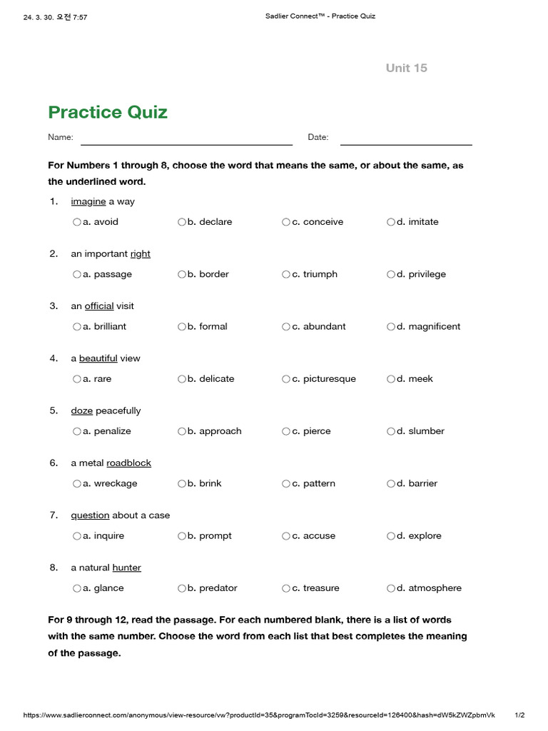Unit 15 Vocabulary Practice Quiz | PDF