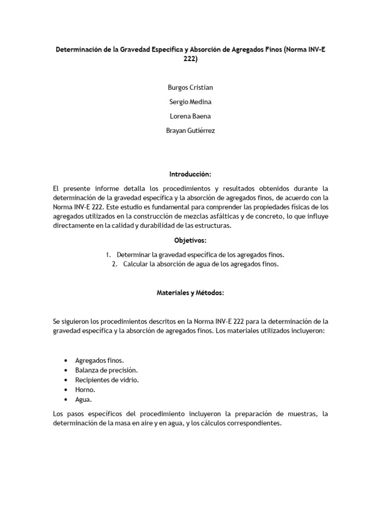 Determinación de la Gravedad Específica y Absorción de Agregados Finos ...