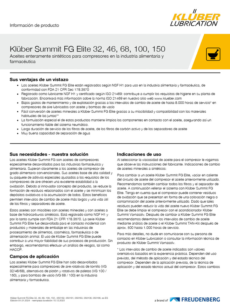 KLSummit FG Elite 32 46 68 100 150 050181 PI ES Es | PDF | Petróleo | Lubricante