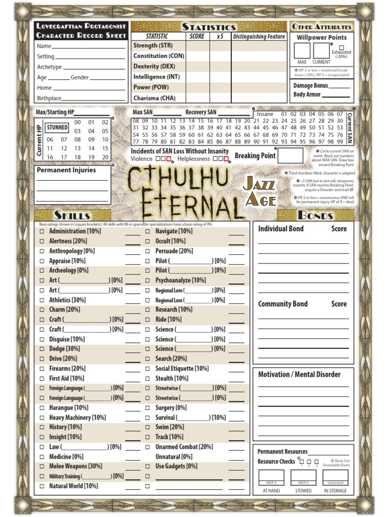 Cthulhu Eternal - Char Sheet Jazz Age - 2page Nonfill | PDF