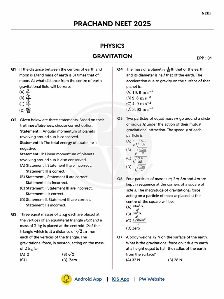 Gravitation - DPP 01 - Prachand NEET 2025 | PDF | Gravity | Mass