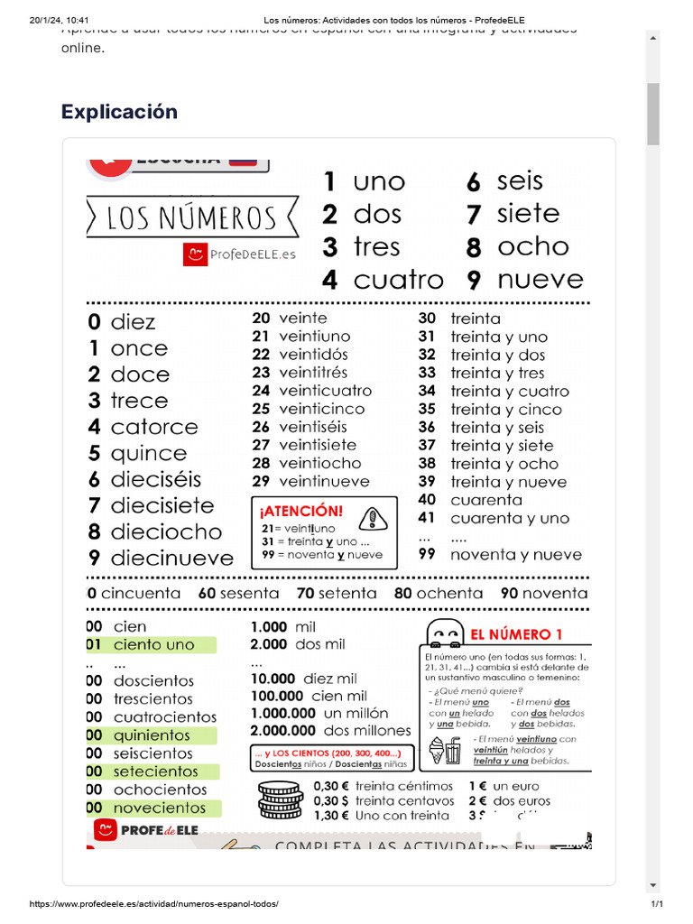 Actividades de Números en Español | PDF