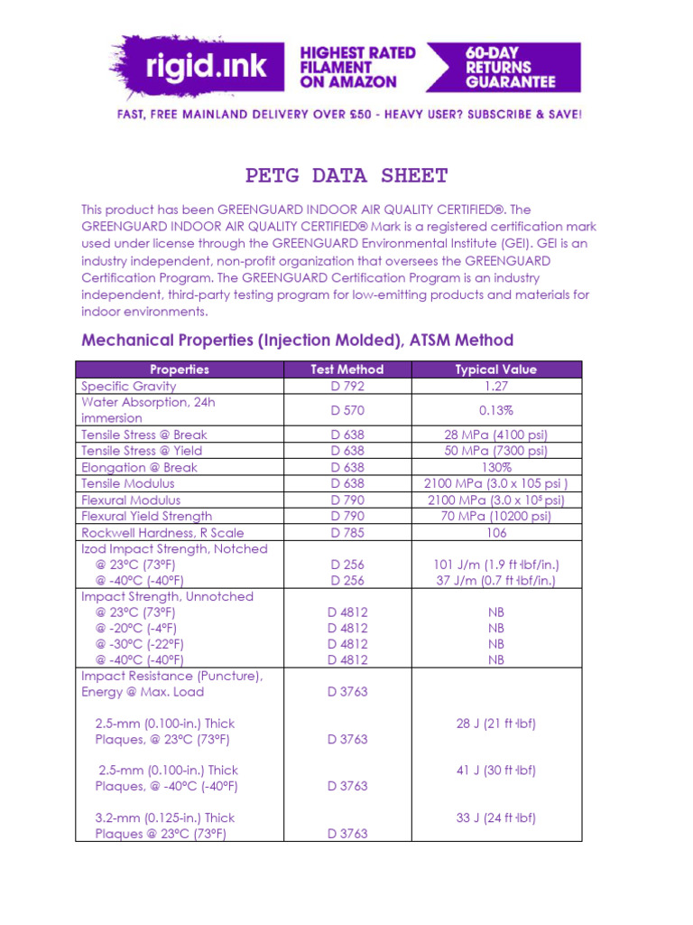 PETG Material Data Sheet | PDF | Strength Of Materials | Yield ...