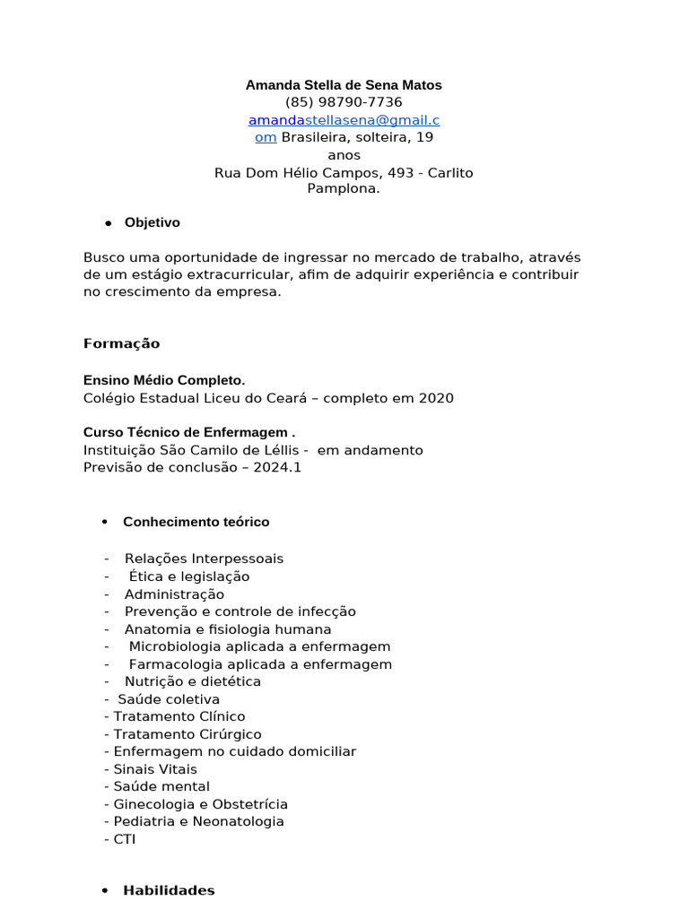 Currículo - Amanda Stella de Sena Matos 1 | PDF