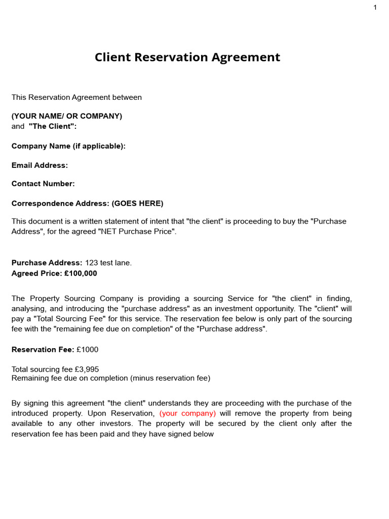 Property Reservation Agreement | PDF | Fee | Real Estate Appraisal
