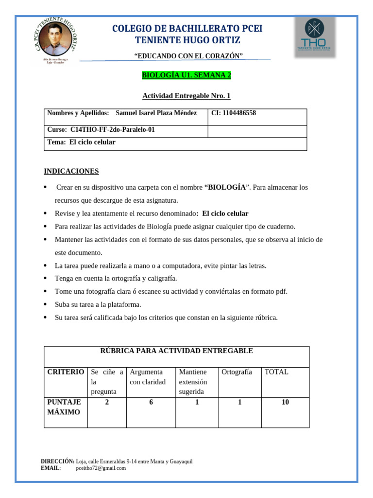 Actividad Entregable Biología 2do BGU U1 S2 | PDF | Biología Celular | Procesos biologicos