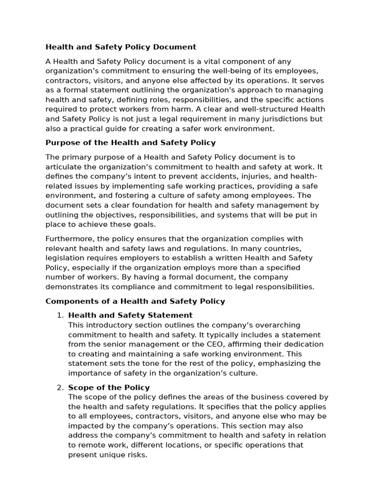 Health and Safety Policy Document | PDF | Occupational Safety And ...