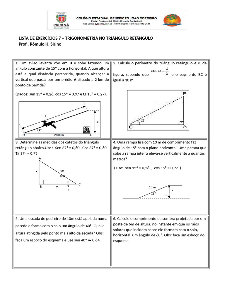 Lista de Exercícios 7 - Trigonometria | PDF | Trigonometria | Triângulo