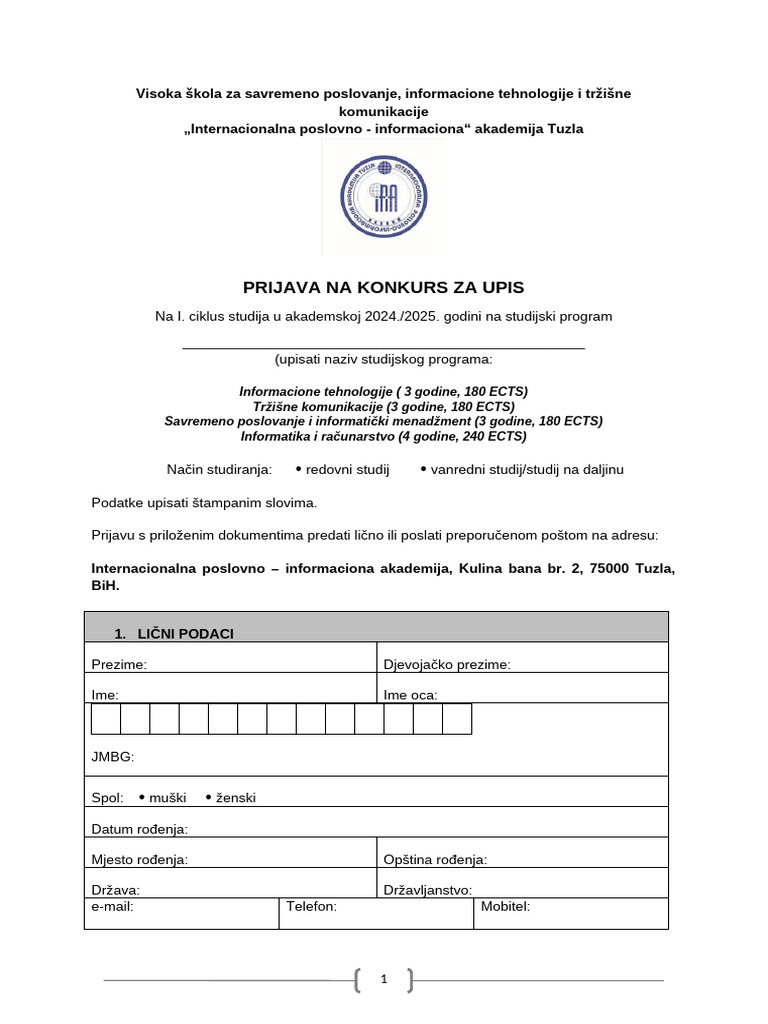 Prijavni obrazac IPI Akademija 2024_25 | PDF